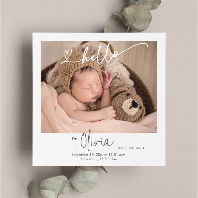 Hello Newborn Photo Heart Thank You Birth Announcement | Zazzle