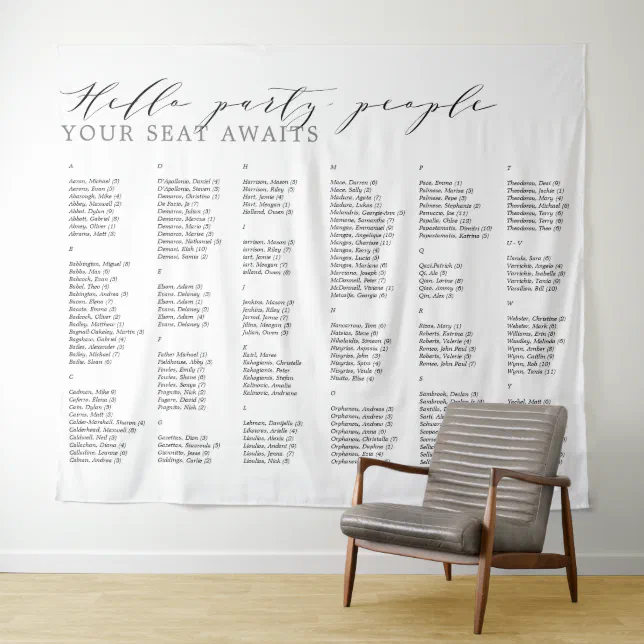 Hello Party People Wedding Alphabetic Seating Char Tapestry | Zazzle