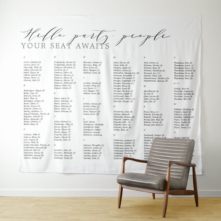 Hello Party People Wedding Alphabetic Seating Char Tapestry | Zazzle