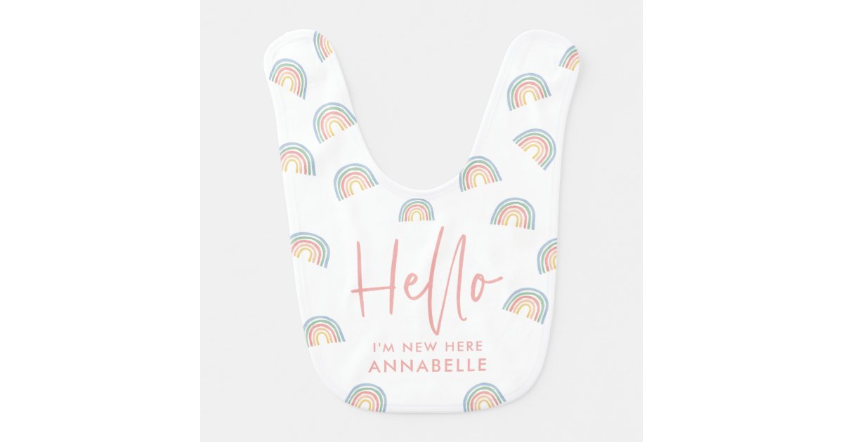 Hello pink girly rainbow new baby baby bib | Zazzle