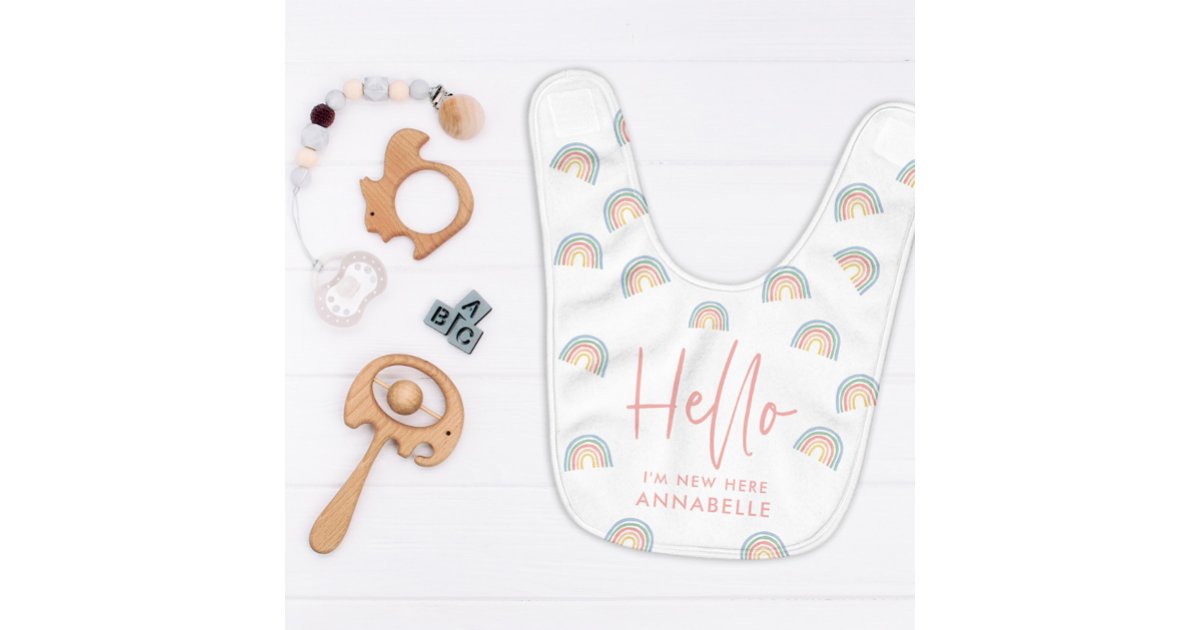 Hello pink girly rainbow new baby baby bib | Zazzle