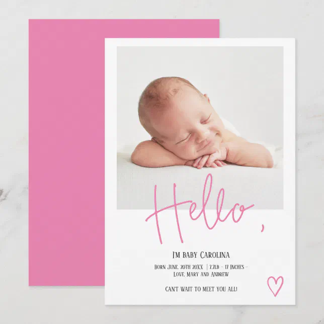 Hello pink script heart photo girl baby birth announcement | Zazzle