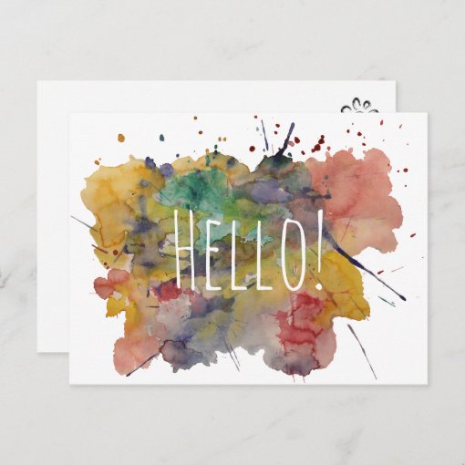 Hello Postcard with Colorful Watercolor Splashes | Zazzle