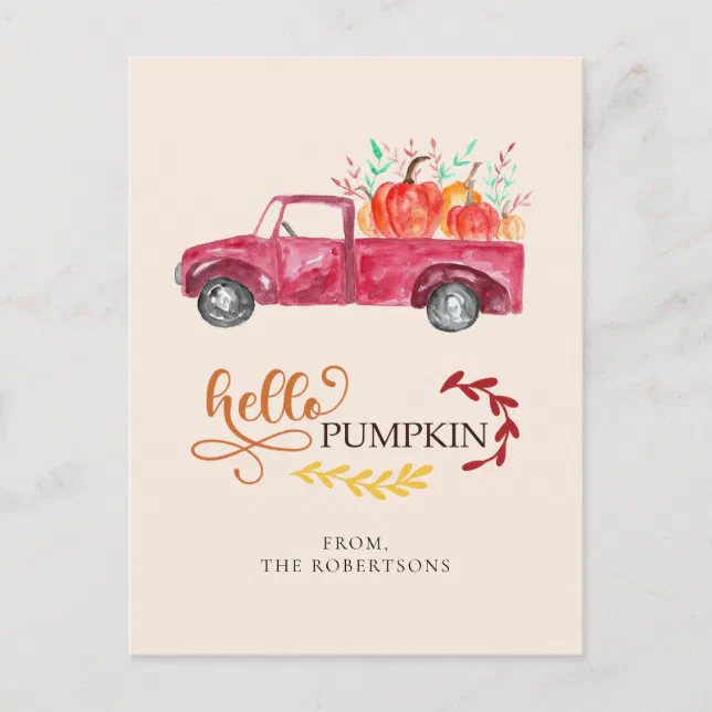 Hello Pumpkin Red Pickup Truck Fall Autumn Postcard | Zazzle