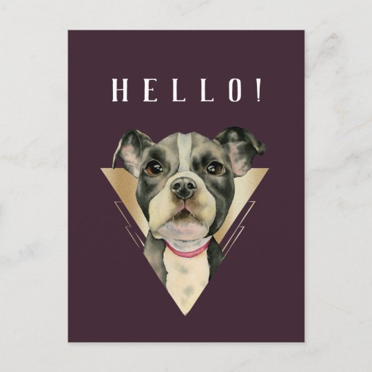 HELLO Purple Gold Pitbull Puppy Watercolor Postcard | Zazzle.com
