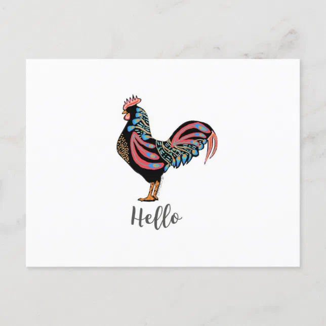 "Hello" Rooster Chicken Folk Postcard Travel World | Zazzle