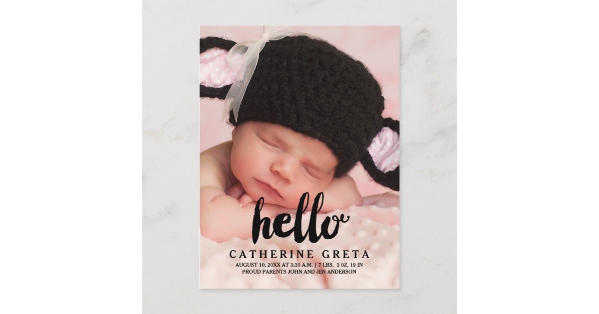 Hello Script | Baby Birth Announcement Postcard | Zazzle