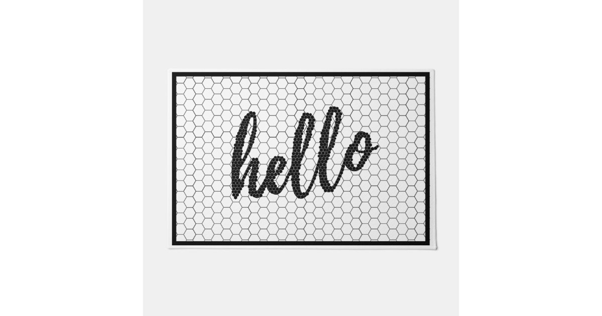 Hello Script Black and White Trending Hex Tile Doormat | Zazzle