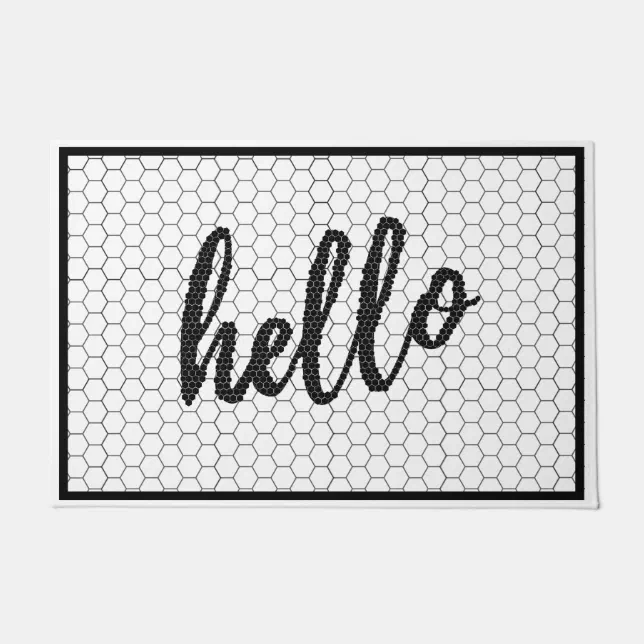 Hello Script Black and White Trending Hex Tile Doormat | Zazzle