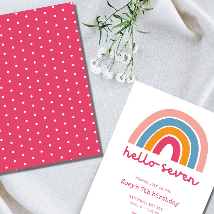 Hello Seven Rainbow Girl's 7th Birthday Invitation | Zazzle