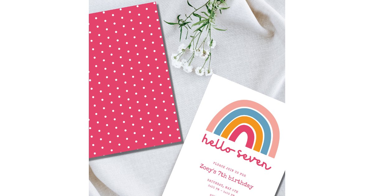 Hello Seven Rainbow Girl's 7th Birthday Invitation | Zazzle