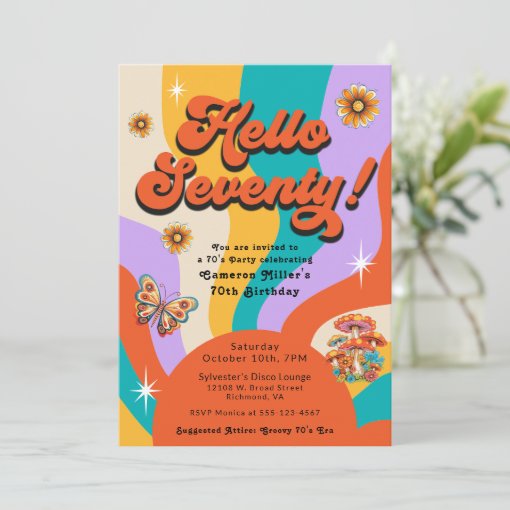 Hello Seventy Groovy 70's Birthday Party Invitation | Zazzle