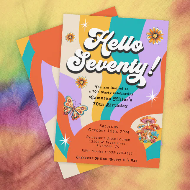 Hello Seventy Groovy 70's Birthday Party Invitation | Zazzle
