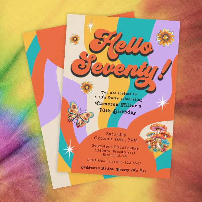 Hello Seventy Groovy 70's Birthday Party Invitation | Zazzle