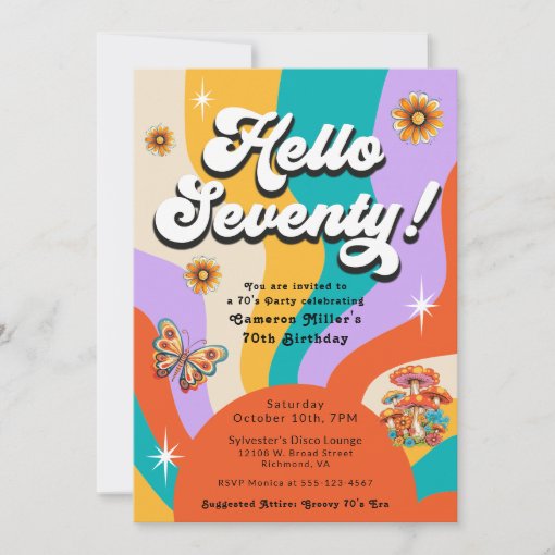 Hello Seventy Groovy 70's Birthday Party Invitation | Zazzle