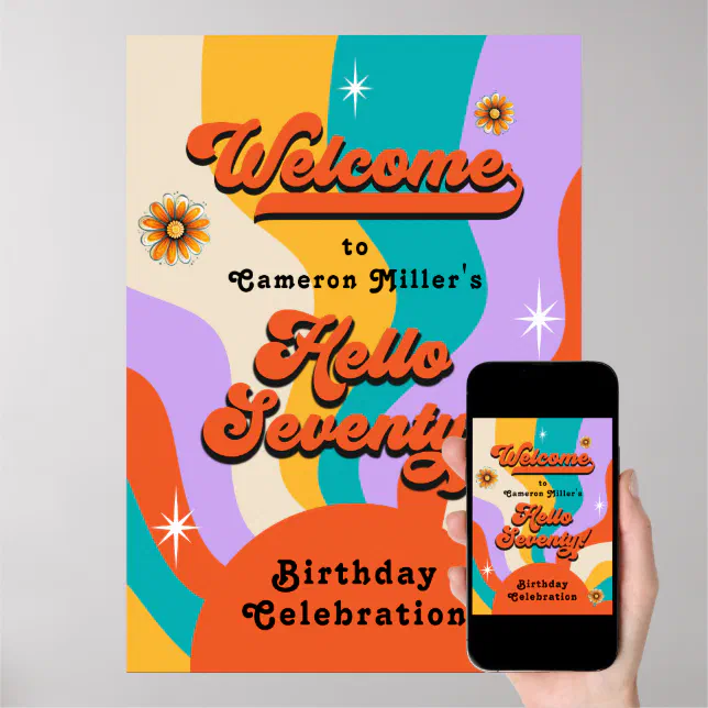 Hello Seventy Groovy 70's Birthday Party Poster | Zazzle
