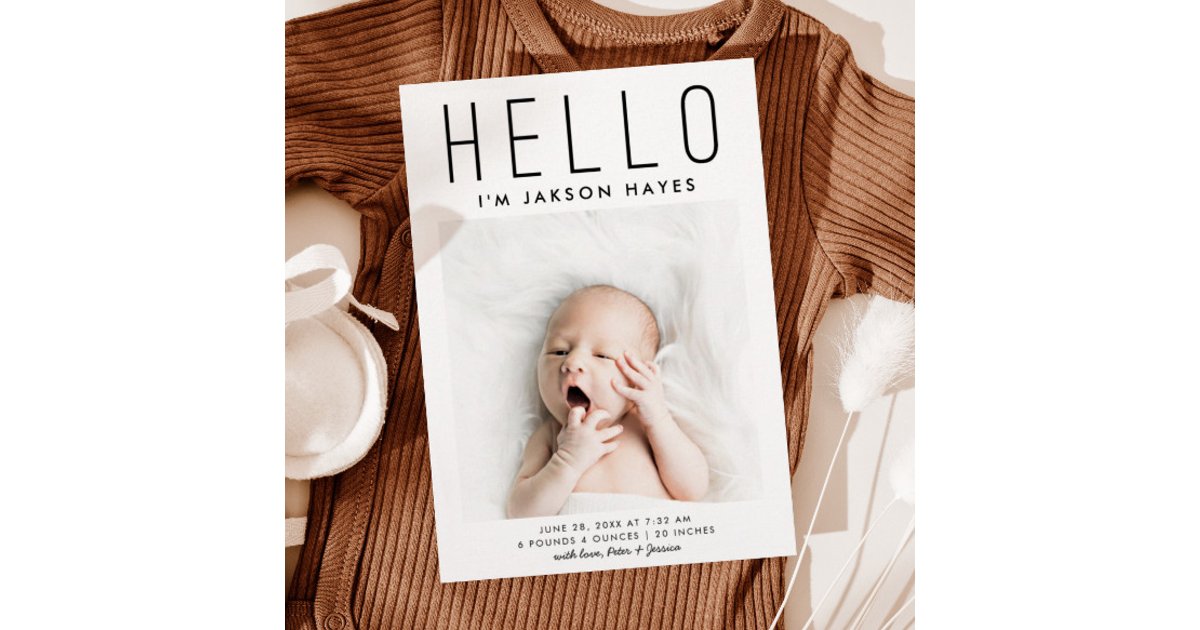 HELLO Simple Modern Photo Birth Announcement | Zazzle