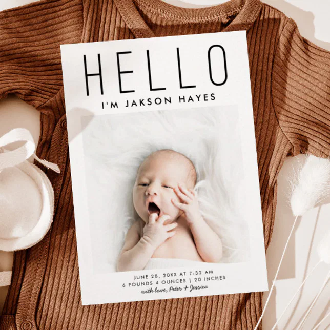 HELLO Simple Modern Photo Birth Announcement | Zazzle