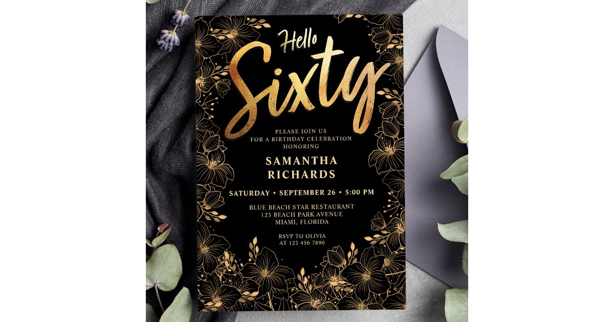 Hello Sixty Black and Gold Floral 60th Birthday Invitation | Zazzle