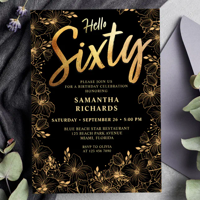Hello Sixty Black and Gold Floral 60th Birthday Invitation | Zazzle