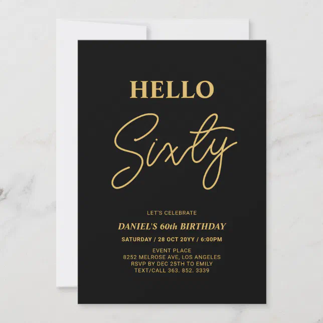 Hello Sixty | Gold & Black 60th Birthday Party Invitation | Zazzle