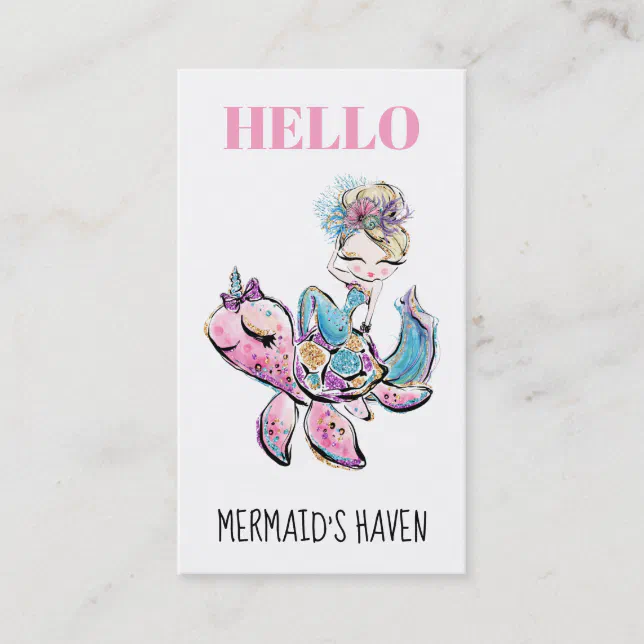 HELLO Sparkling Glitter Mermaid On Sea Turtle Business Card | Zazzle