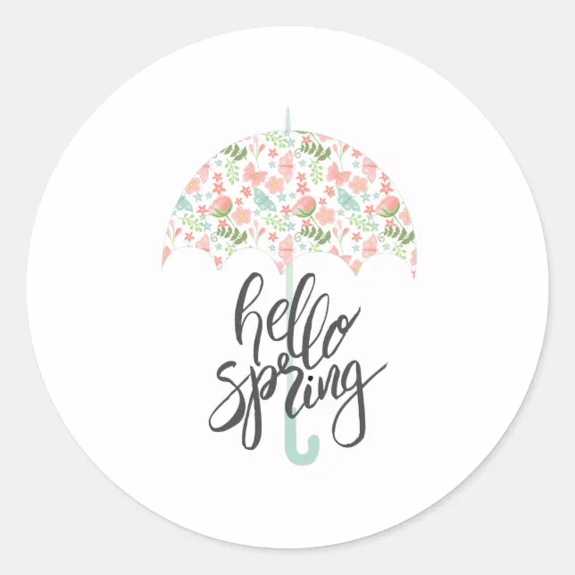 Hello Spring Umbrella Classic Round Sticker | Zazzle