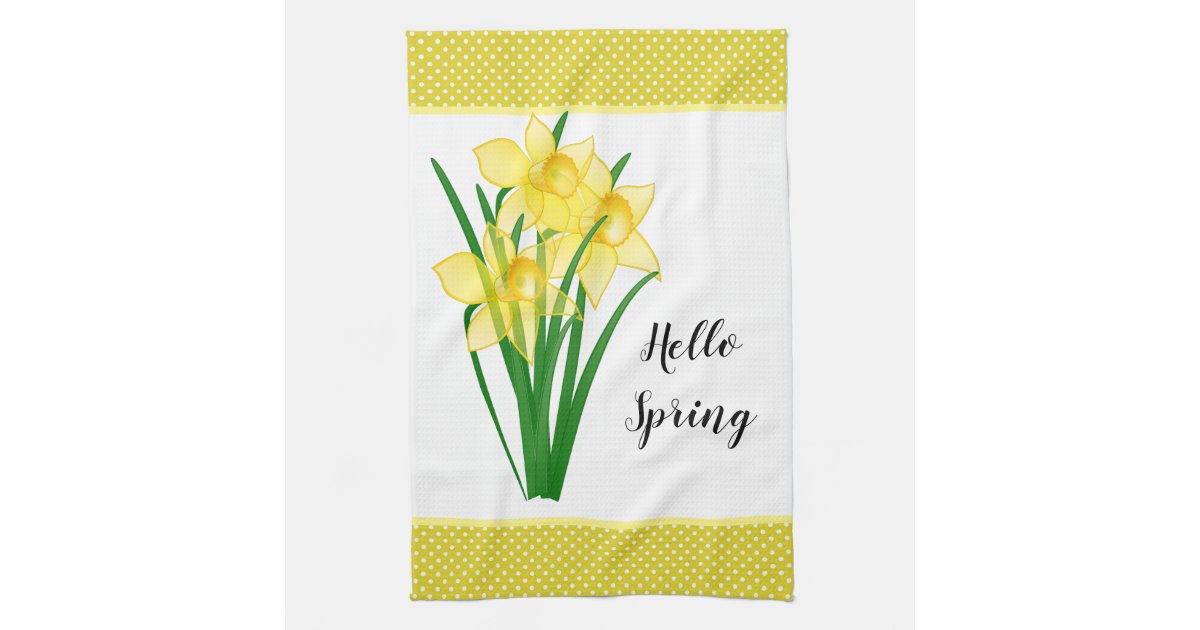 Hello Spring Yellow Daffodil Kitchen Towel | Zazzle