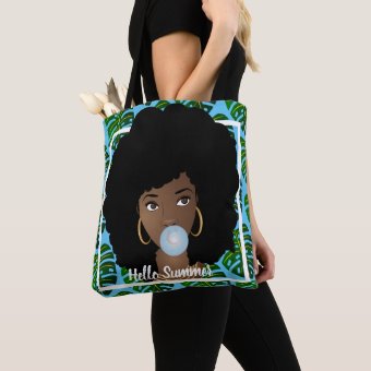 Hello Summer, Black Woman, Tropical Leaves, Blue Tote Bag | Zazzle