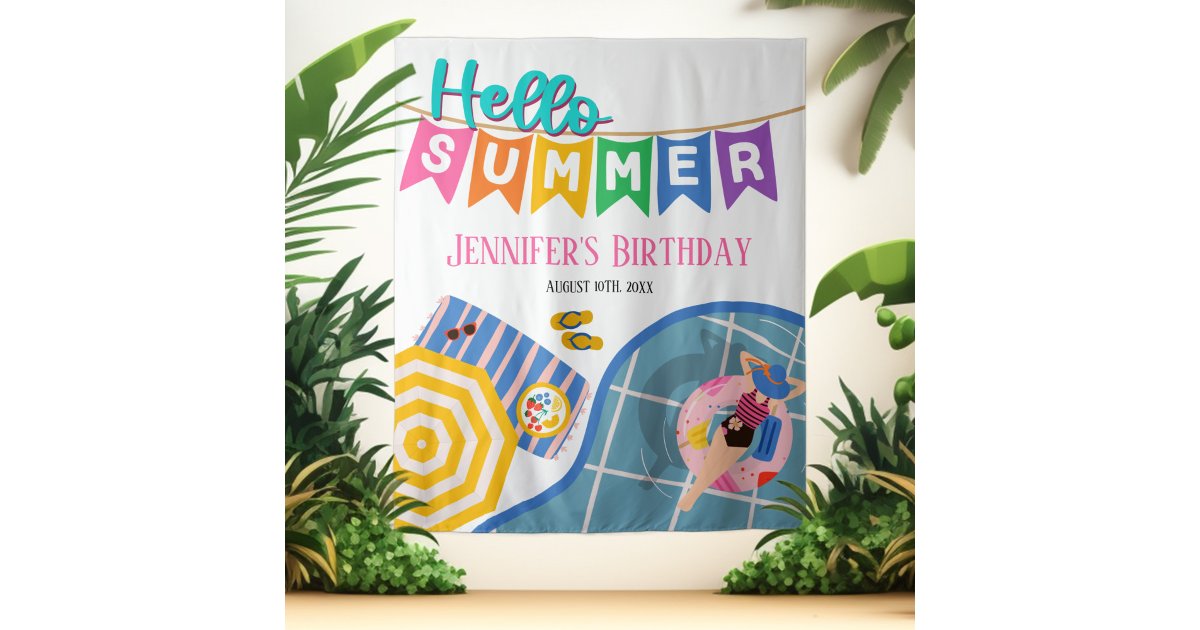 Hello Summer Colorful Pool Party Bday Backdrop | Zazzle