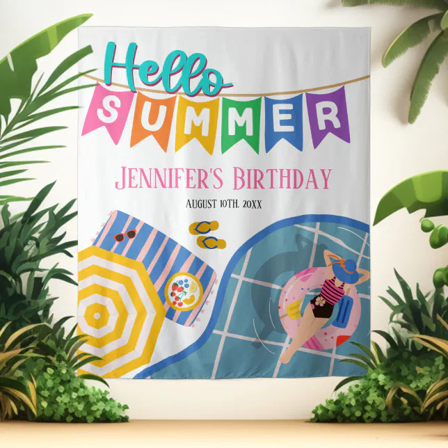 Hello Summer Colorful Pool Party Bday Backdrop | Zazzle