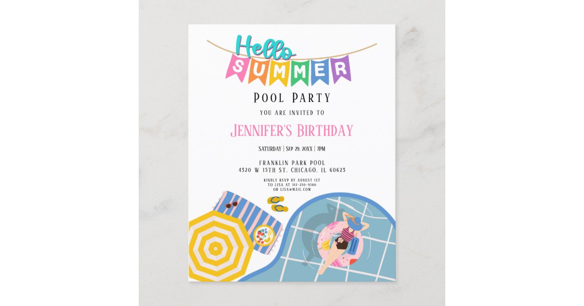 Hello Summer Pool Party Bday Budget Invitation | Zazzle