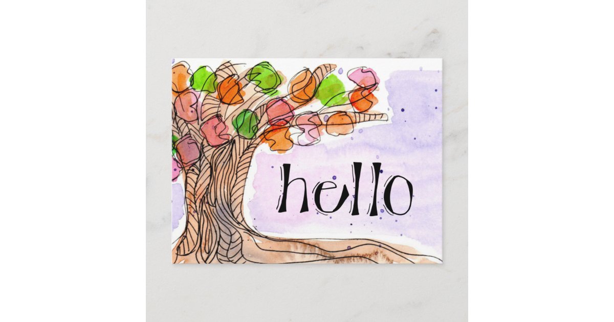 Hello & Thank You - Fun Leafy Tree Watercolor Postcard | Zazzle