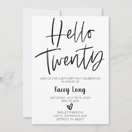 Hello Twenty 20th Birthday Invitation | Zazzle