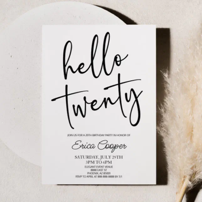 Hello Twenty Minimal Elegant 20th Birthday Party Invitation | Zazzle
