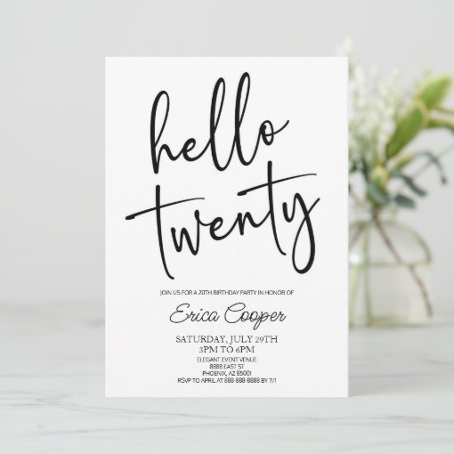 Hello Twenty Minimal Elegant 20th Birthday Party Invitation | Zazzle