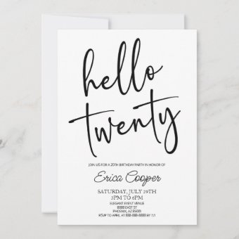 Hello Twenty Minimal Elegant 20th Birthday Party Invitation | Zazzle