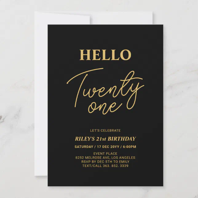 Hello Twenty one Gold & Black 21st Birthday Party Invitation | Zazzle