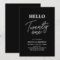 Hello Twenty one Modern Black 21st Birthday Party Invitation | Zazzle