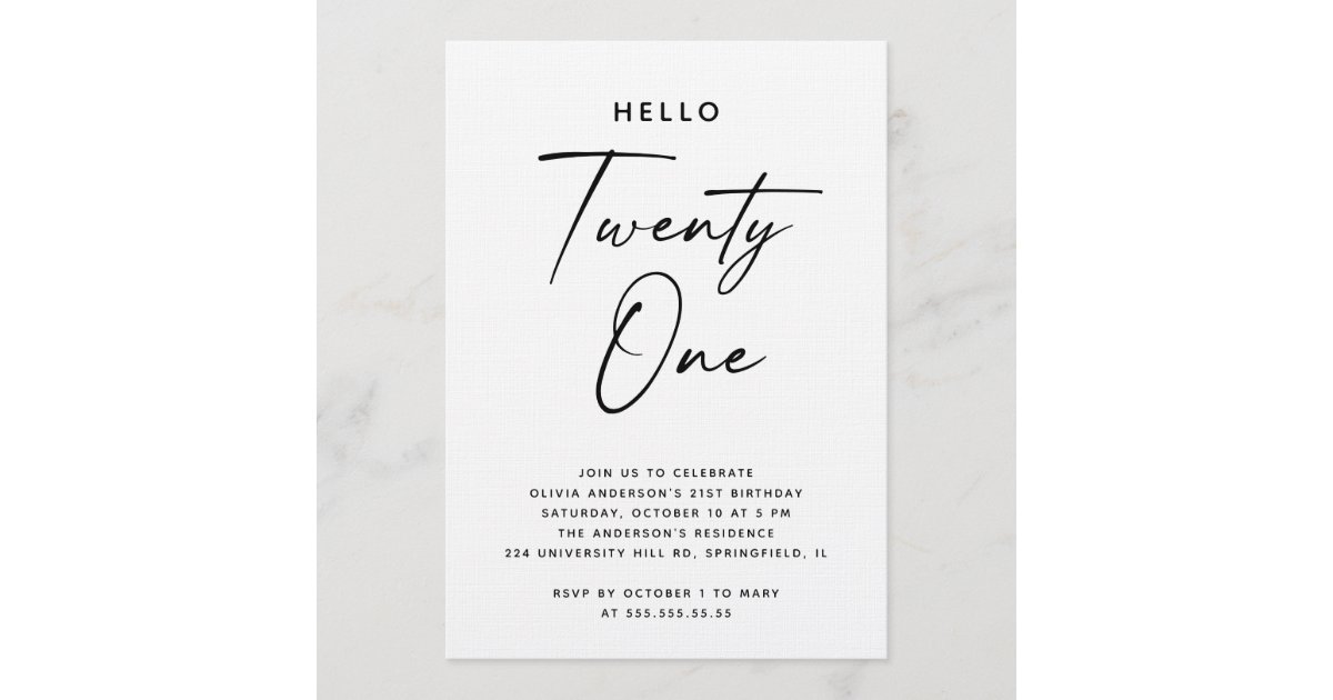 Hello Twenty One | Modern Script 21st Birthday Invitation | Zazzle