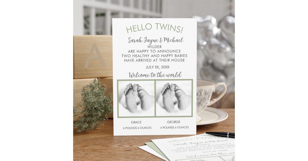 Hello Twins Photo Birth Announcement Card | Zazzle