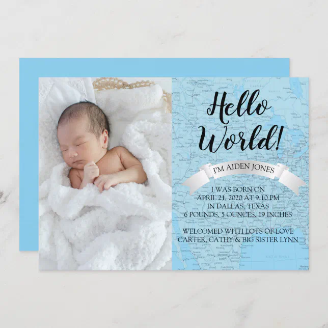 hello World Baby Blue World Map Birth Announcement | Zazzle