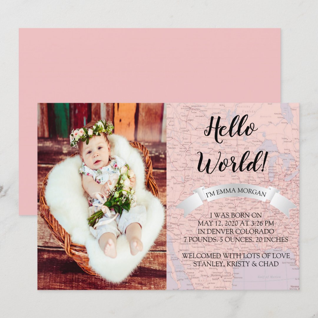 Hello World Baby Pink World Map Birth Announcement | Zazzle