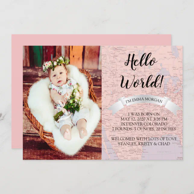Hello World Baby Pink World Map Birth Announcement | Zazzle