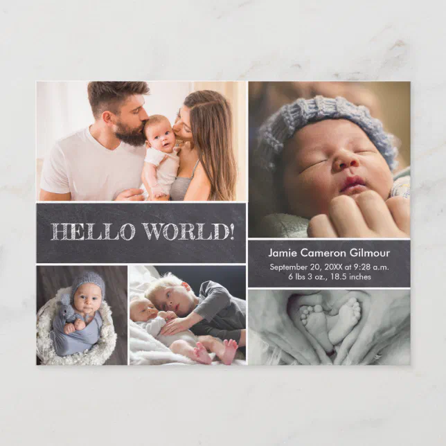Hello World Custom Baby Photos birth stats chalk Postcard | Zazzle
