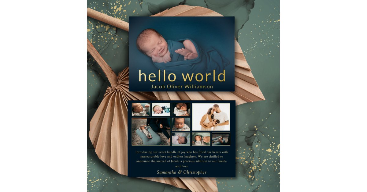 Hello World Gold Photo Collage Baby Announcement | Zazzle