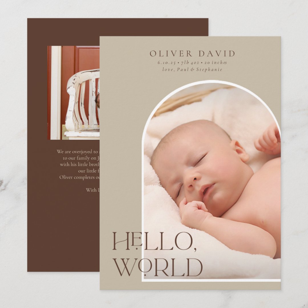Hello World Neutral Arch Photo Birth Announcement | Zazzle