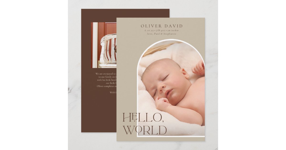 Hello World Neutral Arch Photo Birth Announcement | Zazzle