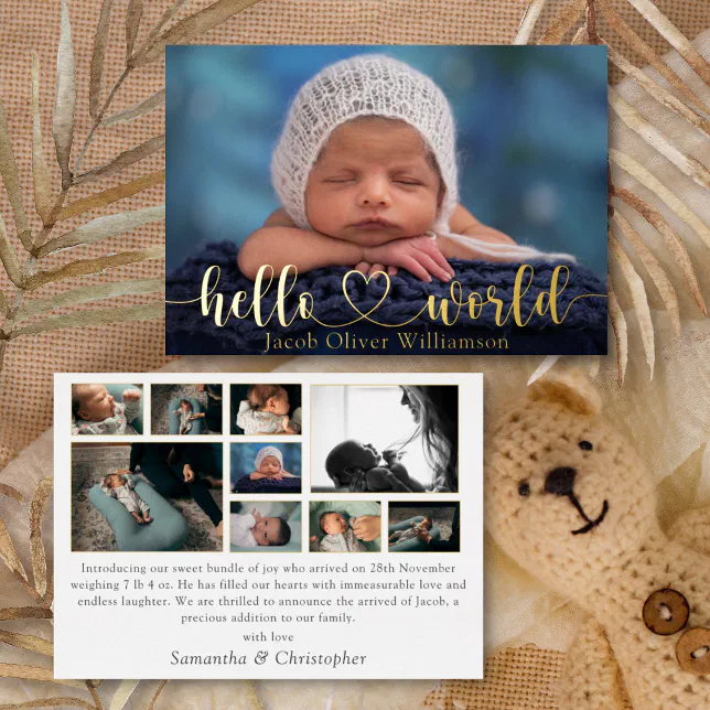 Hello World Photo Collage Gold Baby Announcement | Zazzle