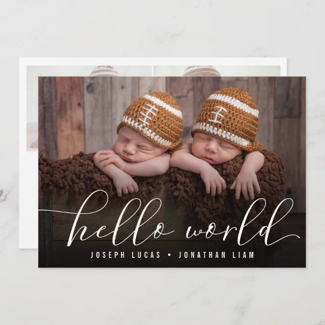 Hello World Stylish Calligraphy Twin Photo Collage Announcement | Zazzle